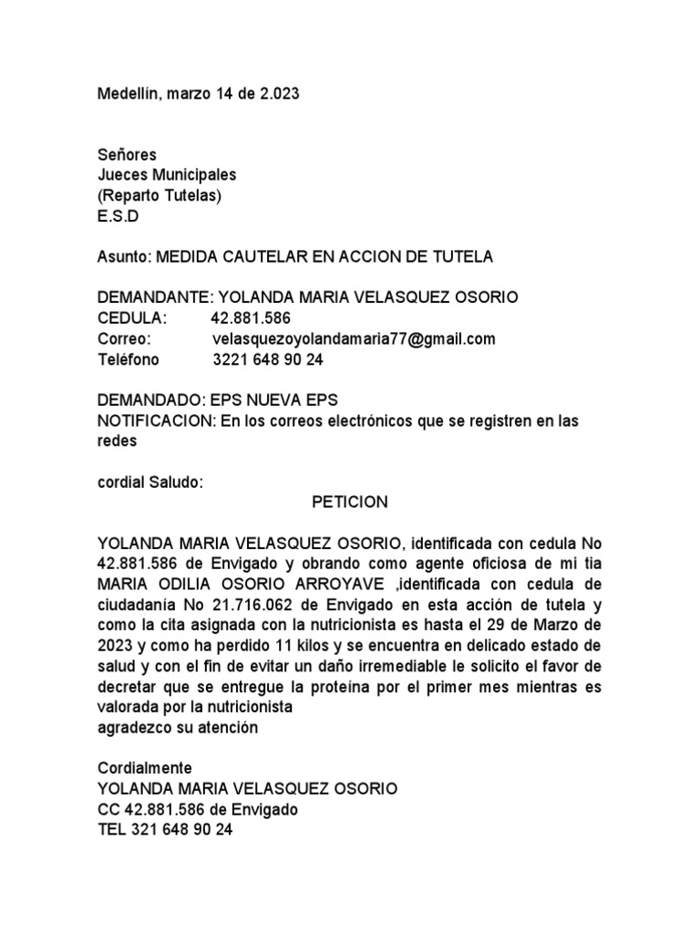 Medida Cautelar en Acción de Tutela | PDF | Estilo de vida