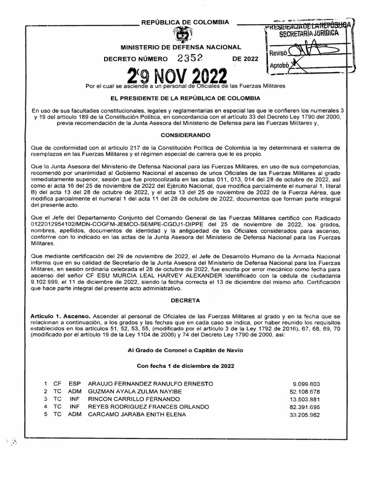 DECRETO 2352 DEL 29 DE NOVIEMBRE DE 2022.pd PDF | PDF | Militar | Gobierno