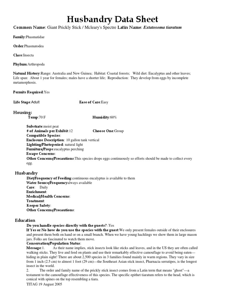 Mcleary's Spectre Husbandry Data Sheet | PDF | Insects | Mating