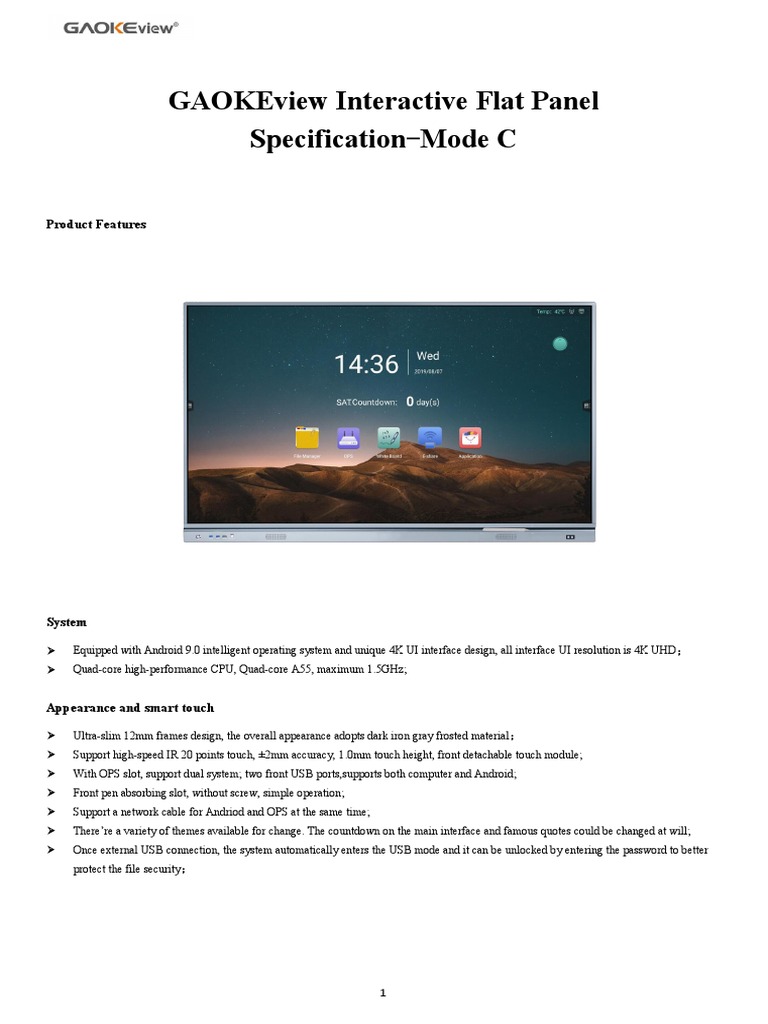 GAOKEview Specification of Interactive Flat Panel-Mode C | PDF ...