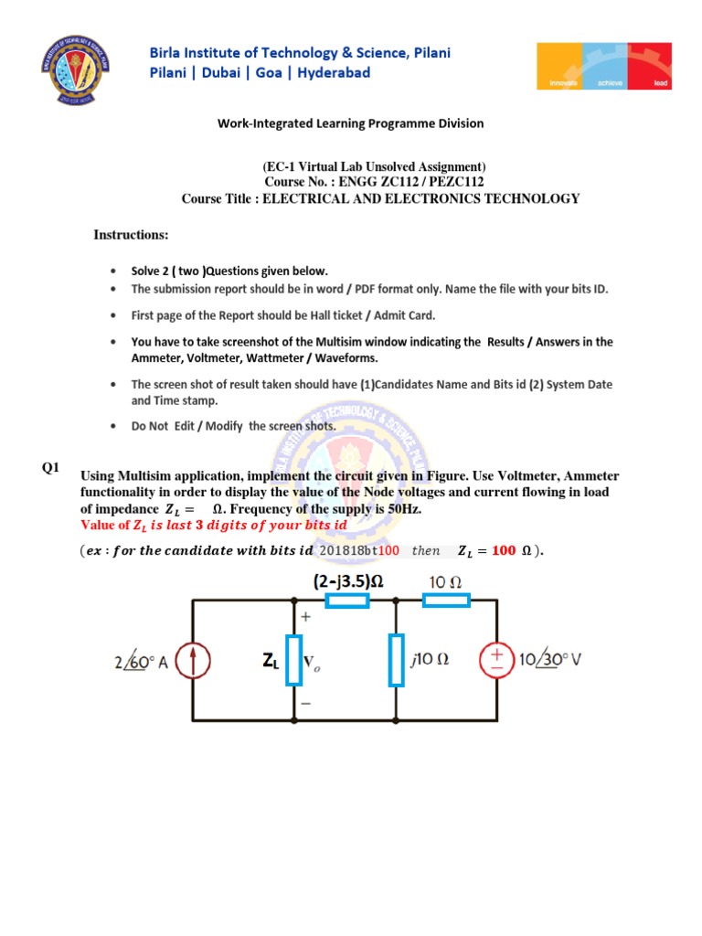 Multisim Unsolved Questions BITS Pilani | PDF | Electric Power | Electrical Engineering
