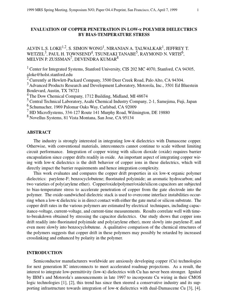 Evaluation of Copper Penetration in Low | PDF | Capacitor | Dielectric Evaluation of Copper Penetration in Low | PDF | Capacitor | Dielectric