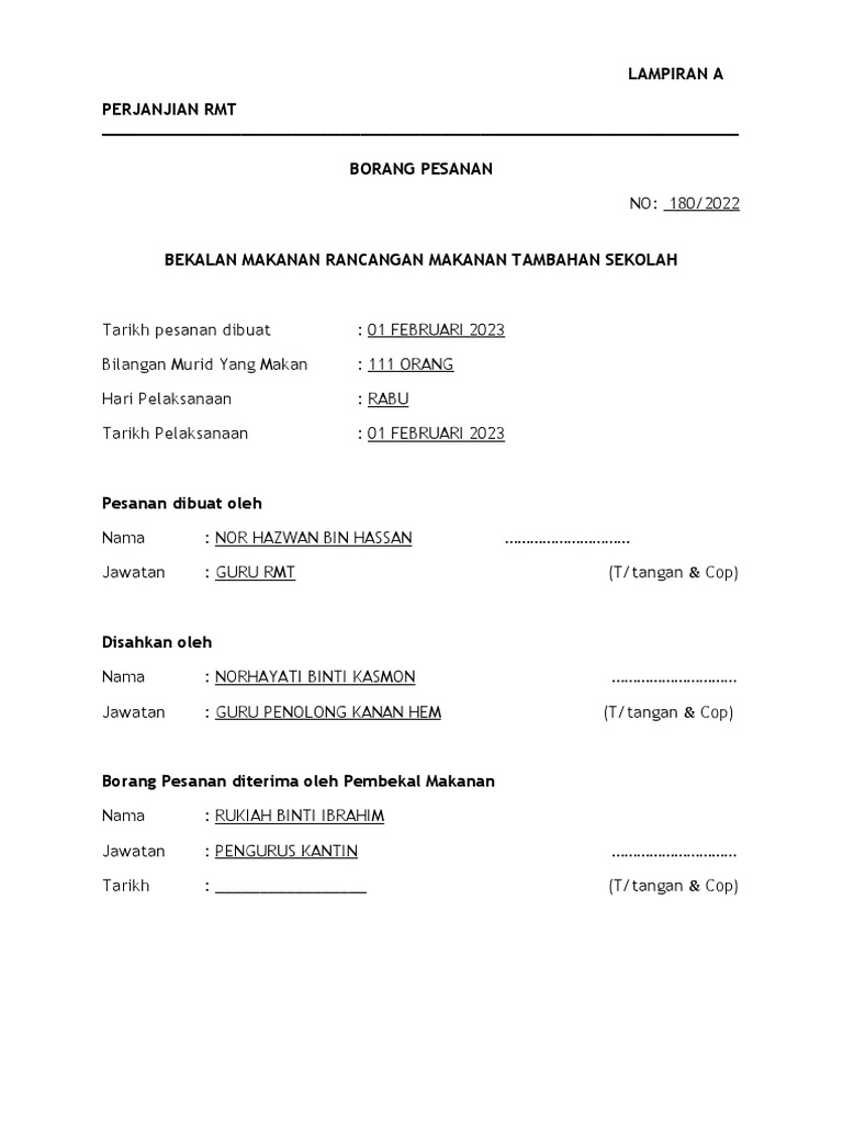 BORANG PESANAN HARIAN RMT | PDF