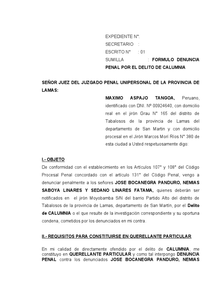 Escrito de Querella Por Calumnia Maximo Aspajo Tangoa | PDF | Queja | Derecho penal