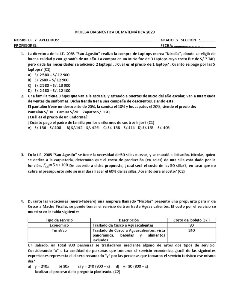 Prueba Diagnóstica Matemática 2023 | PDF