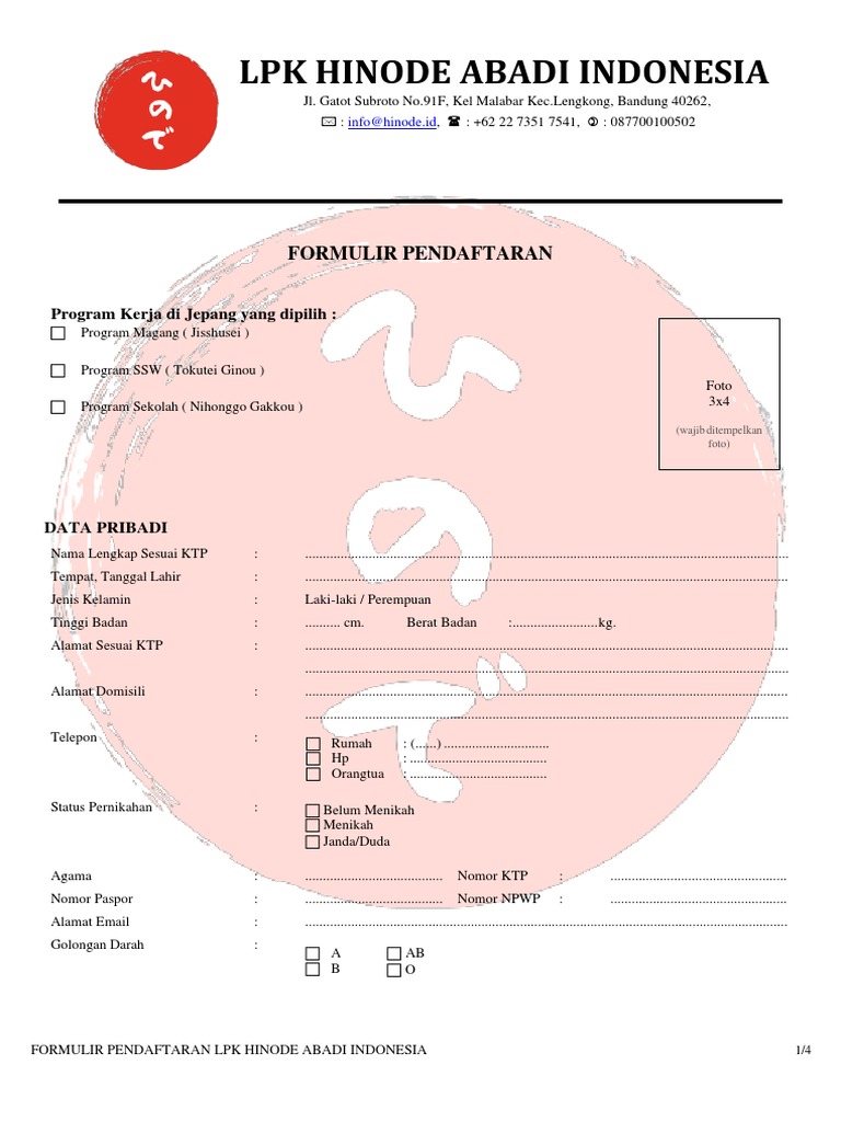 Formulir Pendaftaran LPK HINODE (2021) | PDF