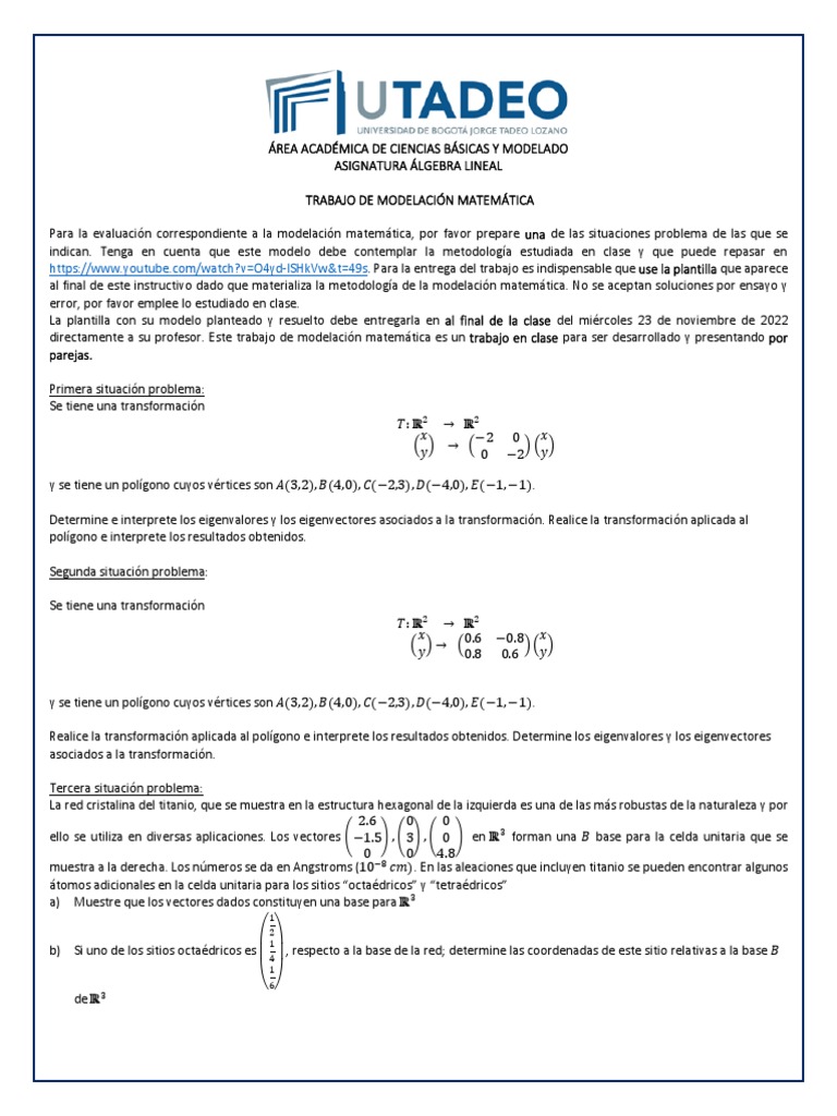 Trabajo de Modelación Matemática Álgebra Lineal Corte 3 | PDF ...
