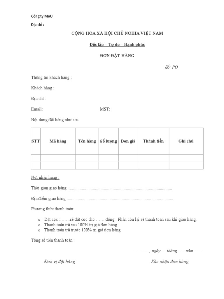 ĐƠN ĐẶT HÀNG | PDF