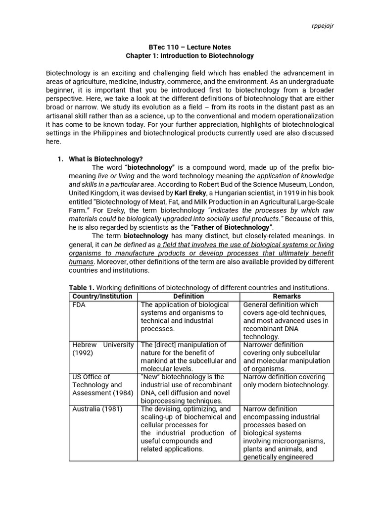 BTec 110 Lecture Notes Chapter 1 Introduction To Biotechnology | PDF ...