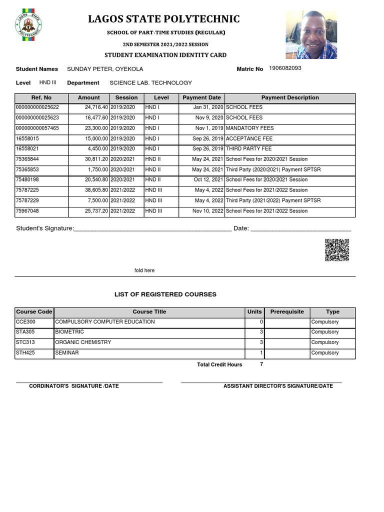 Lagos State Polytechnic: Student Examination Identity Card | PDF