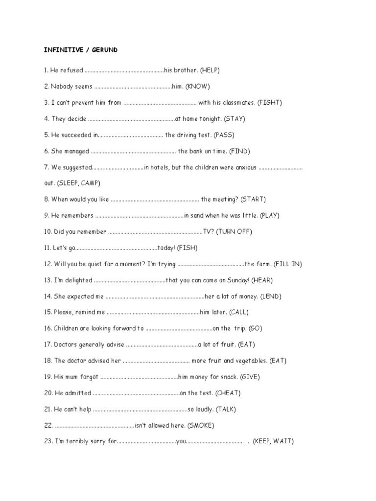 Infinitive, Gerund, Participle Worksheet | PDF