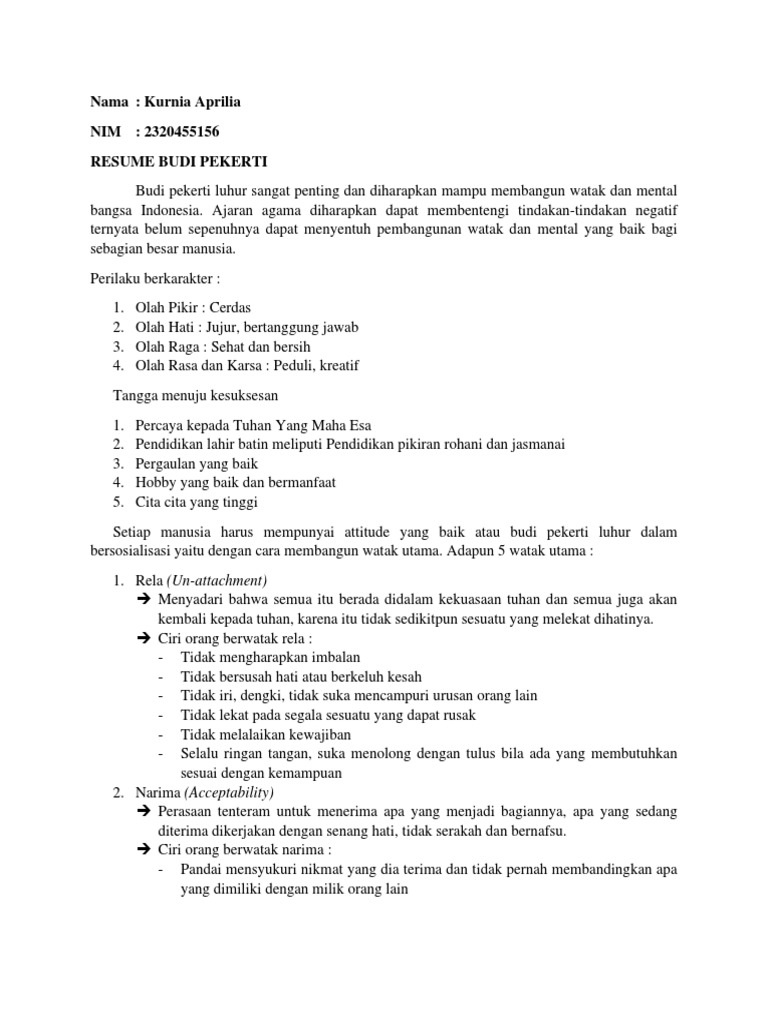 RESUME BUDI PEKERTI - Kurnia Aprilia - 2320455156 | PDF | Pengembangan Diri