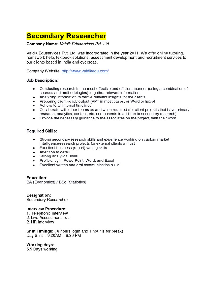 Secondary Researcher Job at Vaidik Eduservices | PDF