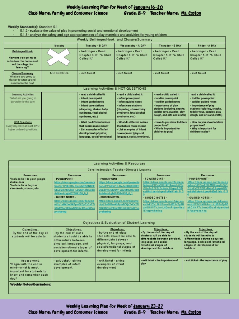 Family and Consumer Science Weekly Plan | PDF | Parenting | Child ...
