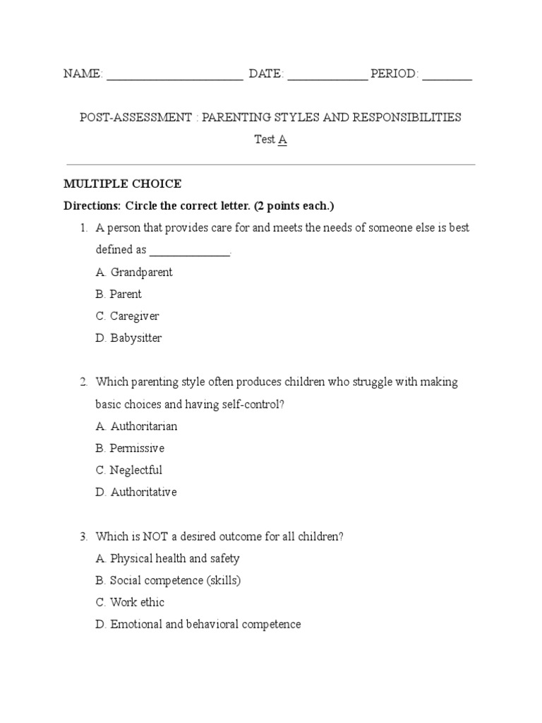 Post-Assessment Test A | PDF | Parenting | Childhood