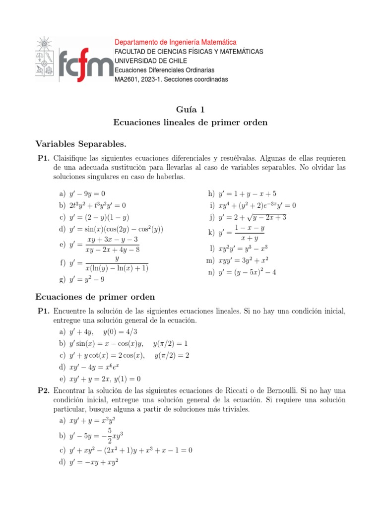 Guia para El Control 1 | PDF | Ecuaciones | Ecuaciones diferenciales