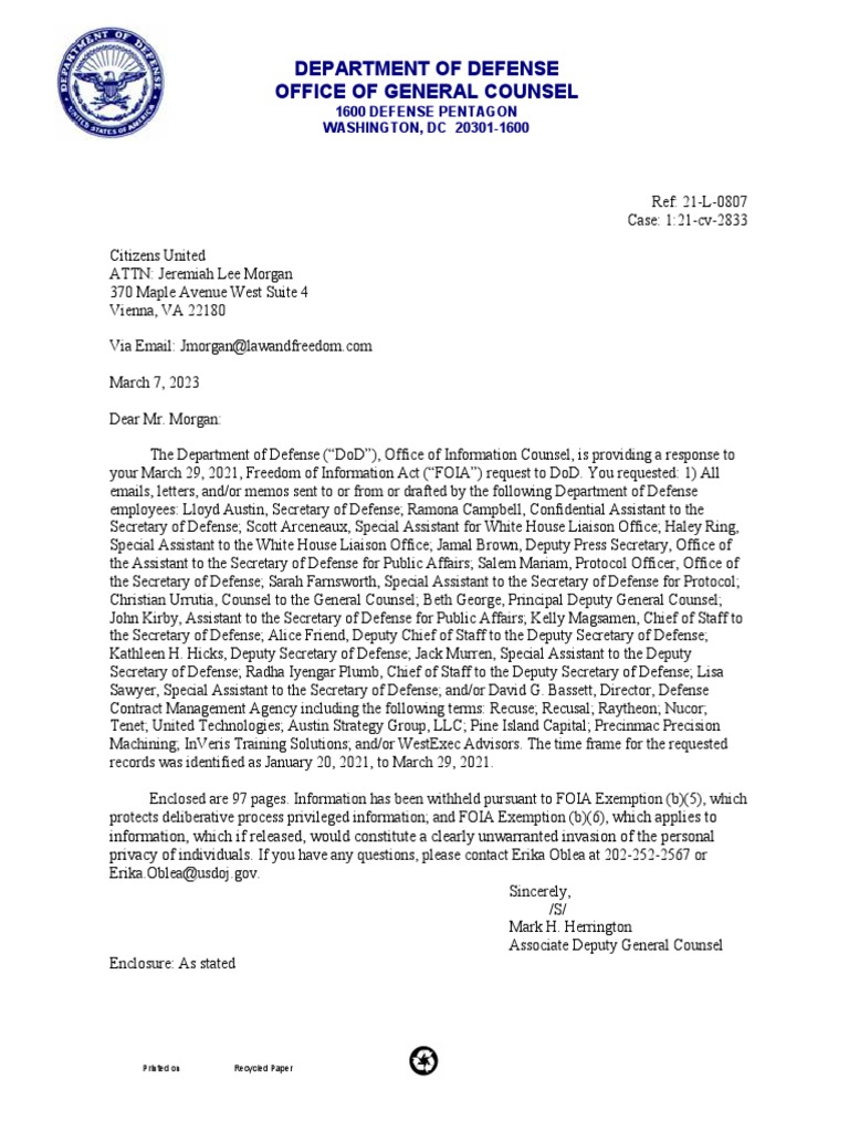 CU v. DOD FOIA Production (Austin Recusal) | PDF | Freedom Of ...