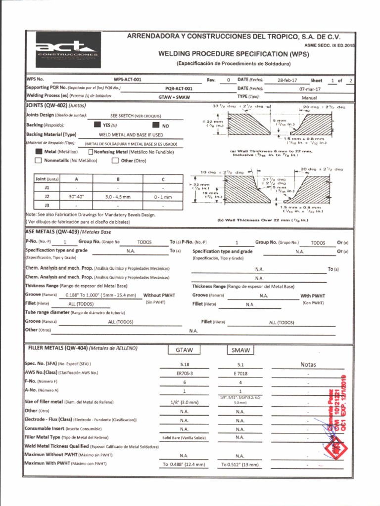 WPS y WPQ - Gtaw - Smax - Inox-Act | PDF