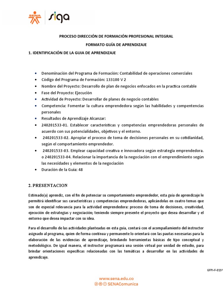 Guia Aprendizaje Emprendimiento Contabilidad Fomentar Pdf Toma De