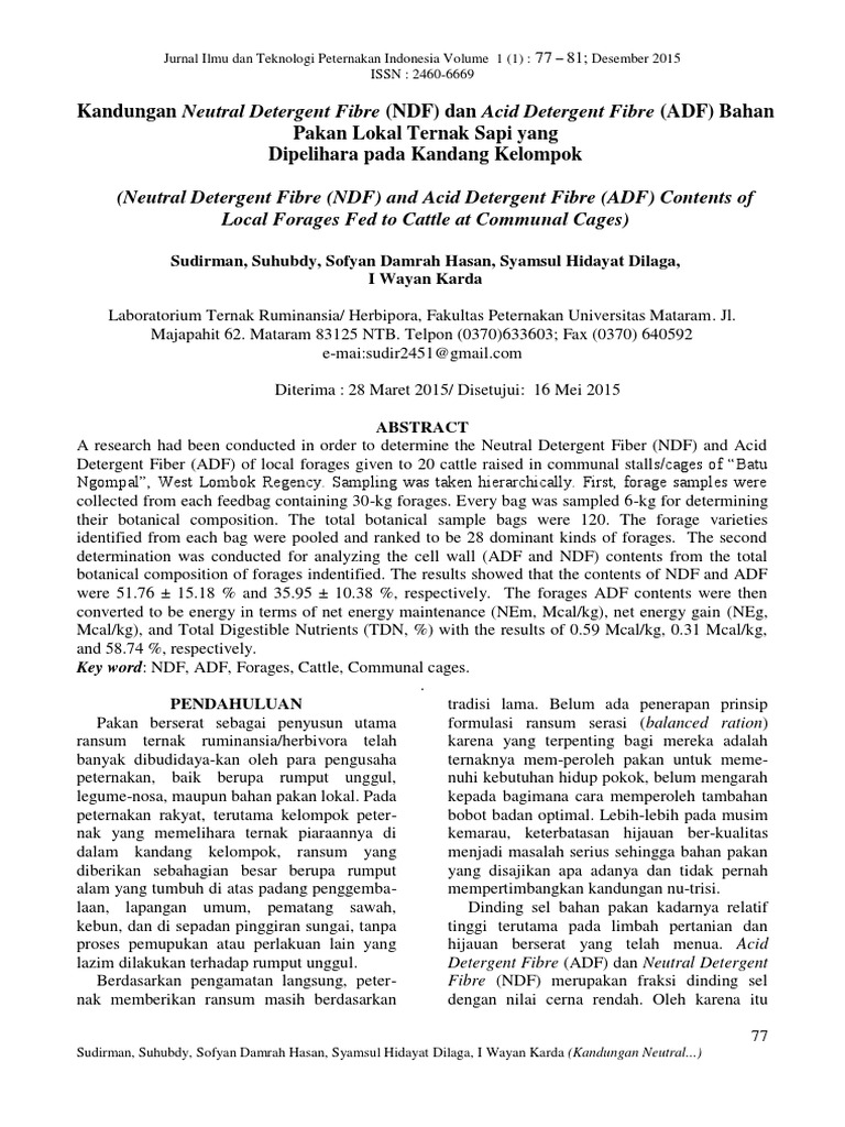 NDF and ADF Contents of Local Forages Fed to Cattle | PDF