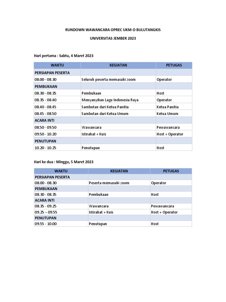Rundown Wawancara Oprec Ukmo Bulutangkis Unej 2023 | PDF
