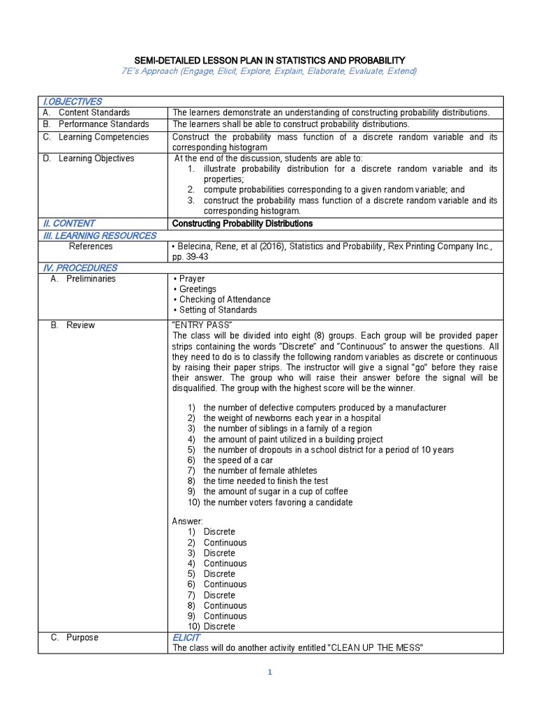 Constructing Probability Distribution Semi-Detailed Lesson Plan 7es ...