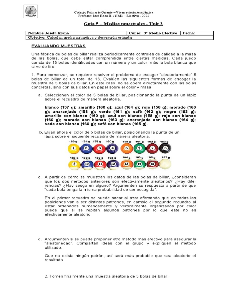 3° Medio Electivo - Guía 5 - Medias Muestrales - Unit 2 - OA 2 - 2022 | PDF | Cue Sports ...