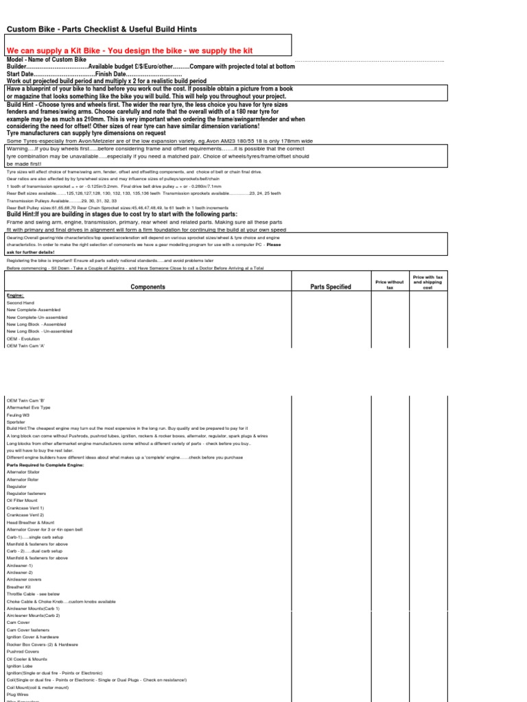 Custom Bike Checklist | PDF | Transmission (Mechanics) | Belt (Mechanical)