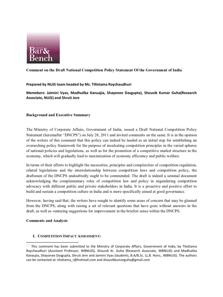 Comment On Draft National Competition Policy | PDF | Competition Law ...