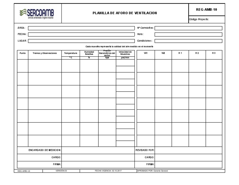 REG-AMB-10 Planilla de Aforo de Ventilación V3 | PDF