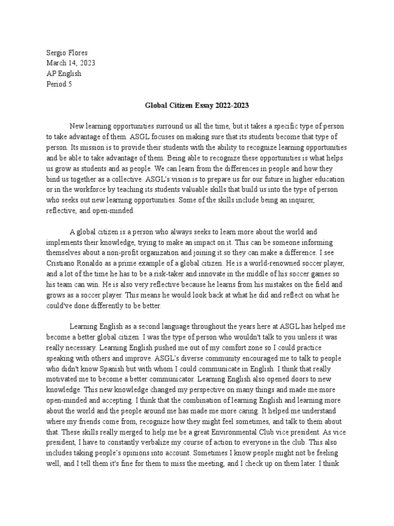 Global Citizen Essay 2022-2023 | PDF | Compassion | Learning