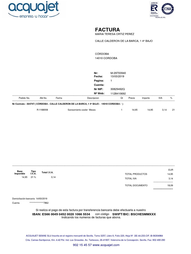 Factura CIF Aquaservice Córdoba | PDF | Bancario | Servicios (economía)