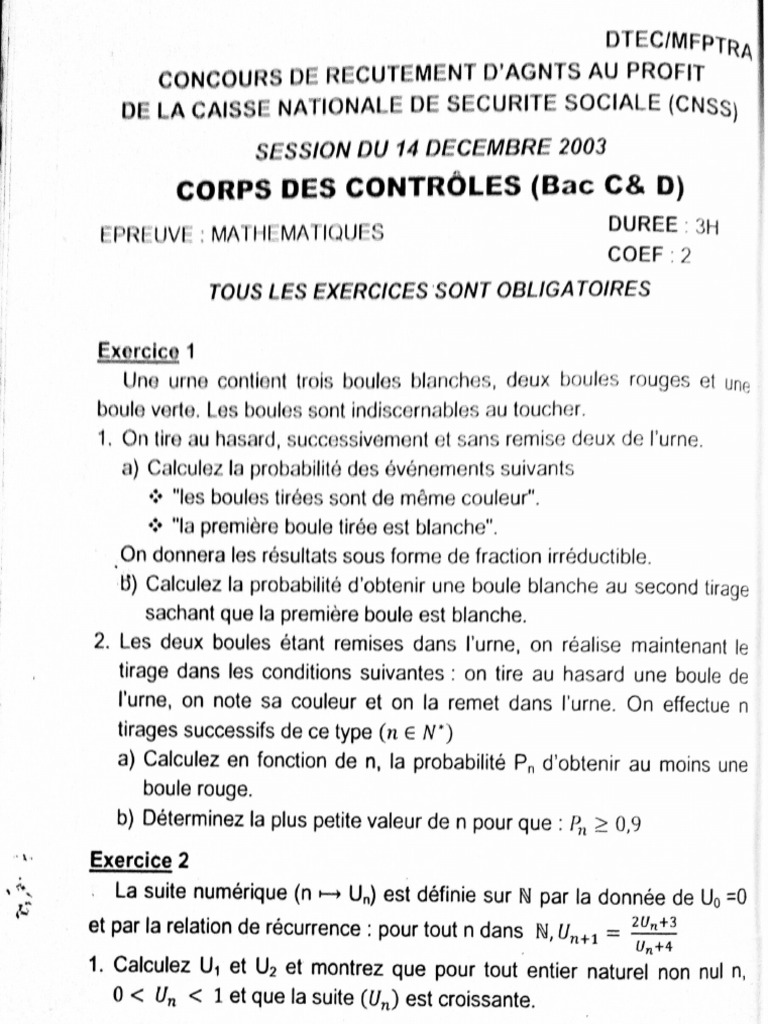 Concours de Recrutement D'APE - Corps Des Eleves Controleurs - MATHEMATIQUES - NIVEAU BAC - Dec ...