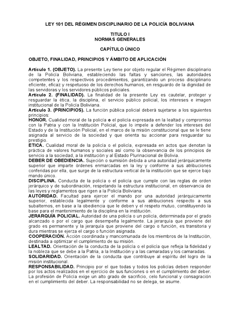 Ley 101 Del Sistema Disciplinario de La Policia Boliviana VIGENTE | PDF ... Ley 101 Del Sistema Disciplinario de La Policia Boliviana VIGENTE | PDF ...