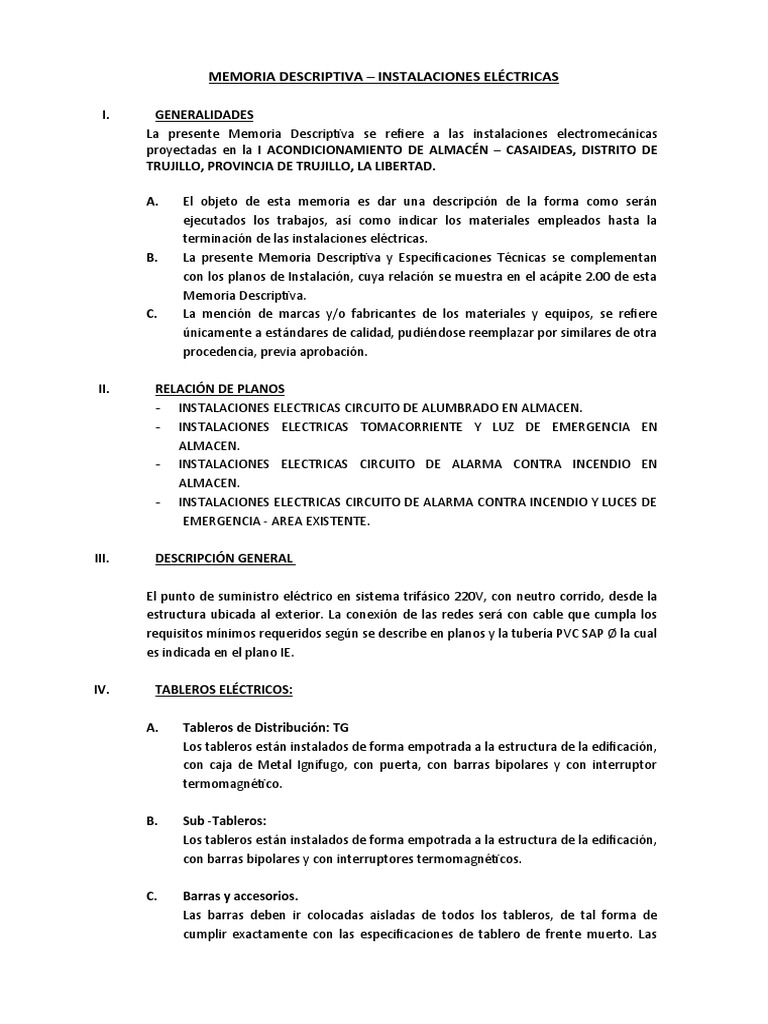 Memoria Descriptiva Eléctricas | PDF | Tubería (transporte de fluidos) | Cobre