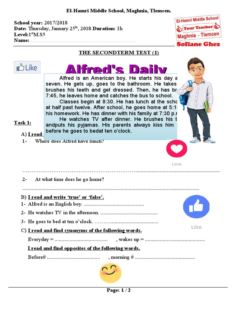 1MS Second Term Test Daily Activities by Teacher Sofian Ghez 2018 | PDF