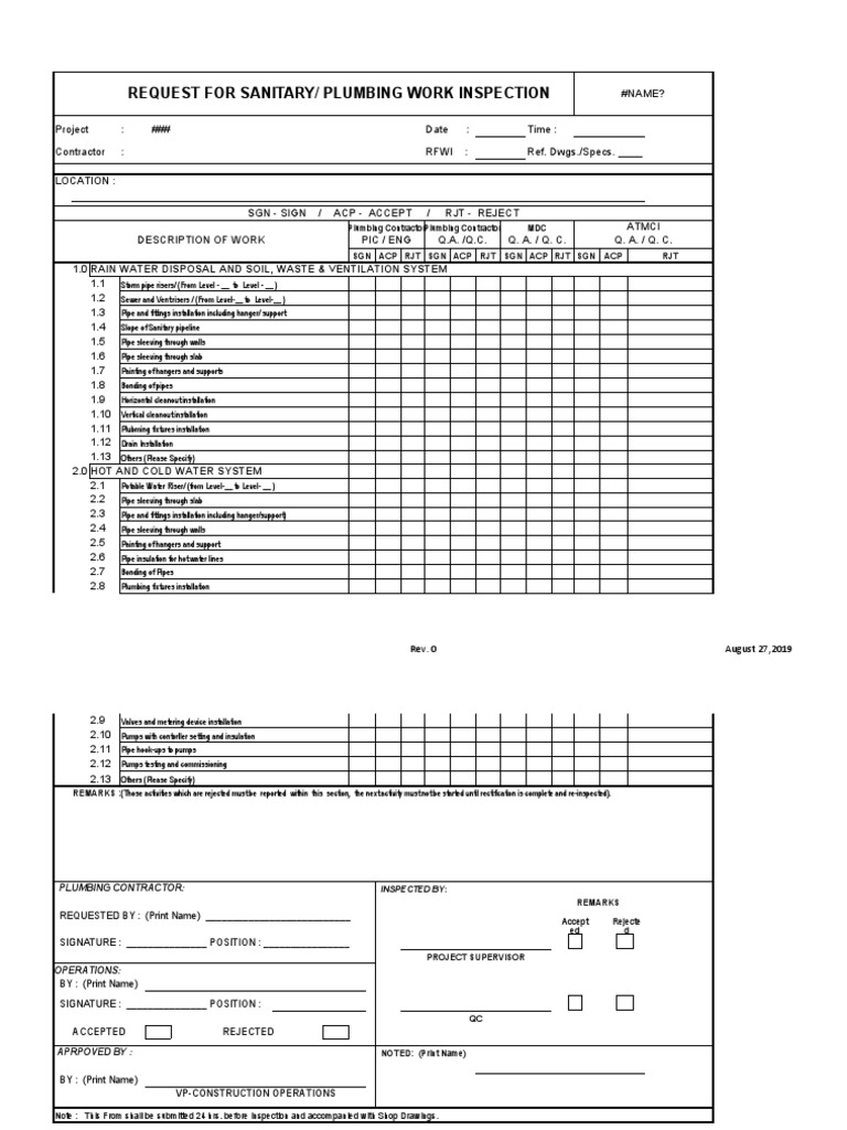Plumbing Work Inspection Request Form | PDF | Plumbing | Equipment
