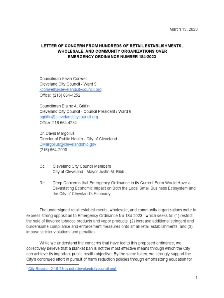 Letter To Cleveland City Council Against Flavored Tobacco Ban | PDF ...