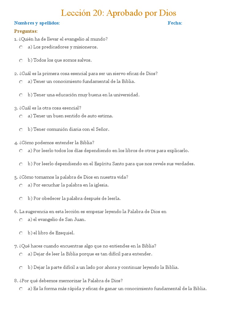 Lección 20 Preguntas | PDF | Dios | Biblia
