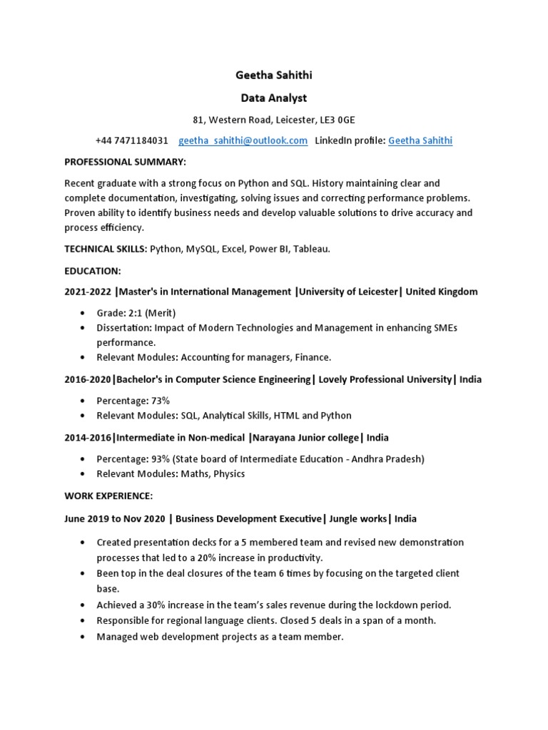 Geetha Sahithi Cv Pdf Computing