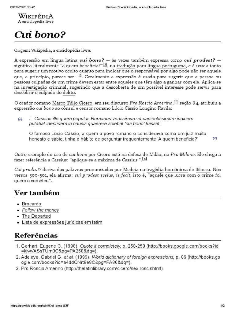 Cui Bono - Wikipédia, A Enciclopédia Livre | PDF | Filosofia