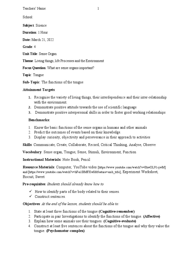 SENSE ORGANS Lesson Plan | PDF | Senses | Taste