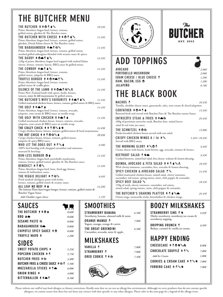 Butcher Menu and Prices Overview | PDF | Hamburgers | Sauce