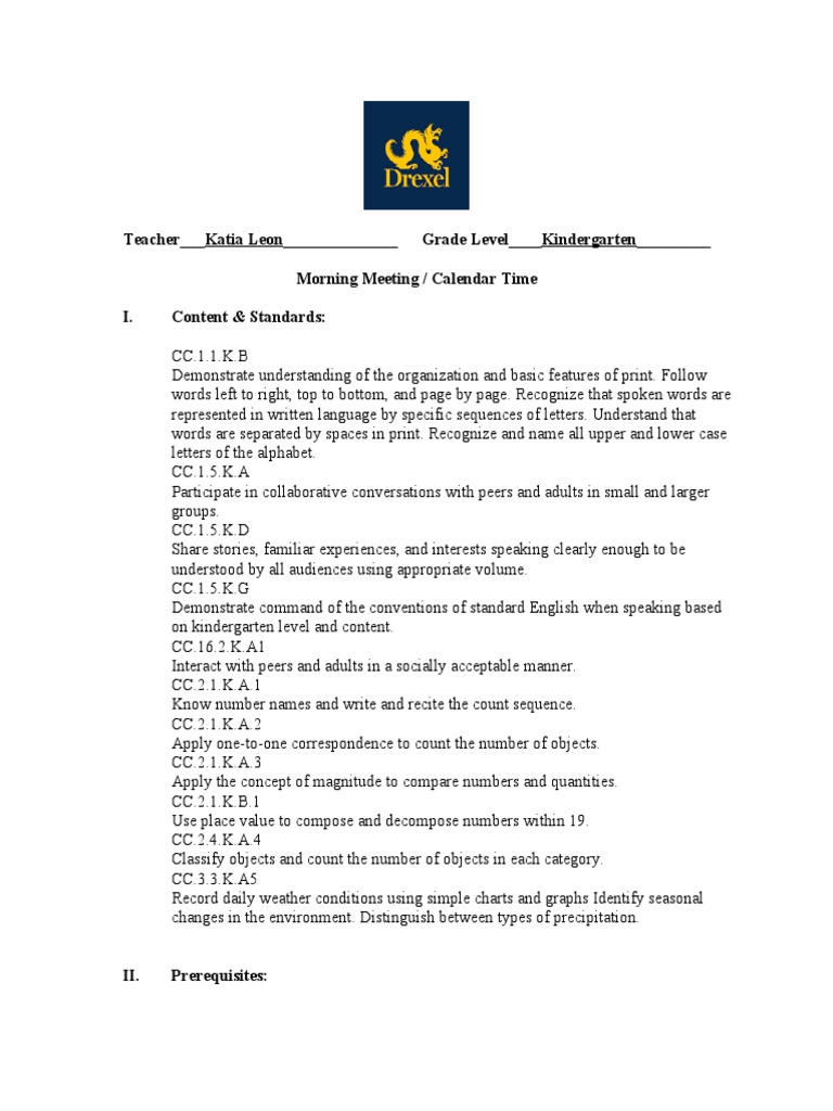 Morning Meeting-Calendar Lesson - Katia Leon | PDF | Teachers | Mentorship