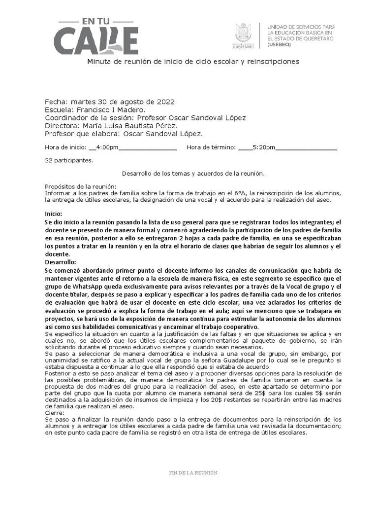 Minuta de Reunión de Inicio Escolar | PDF | Evaluación