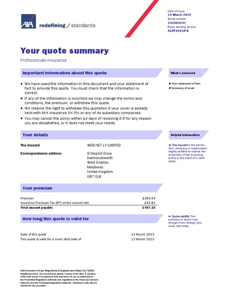 AXA Professional Liability Insurance Quote | PDF | Liability Insurance ...