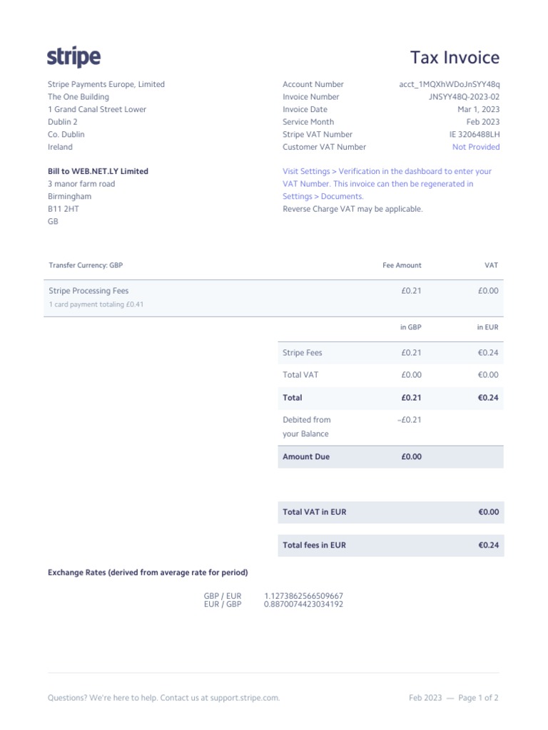 Monthly Tax Invoice for Stripe Processing Fees and Card Payments ...