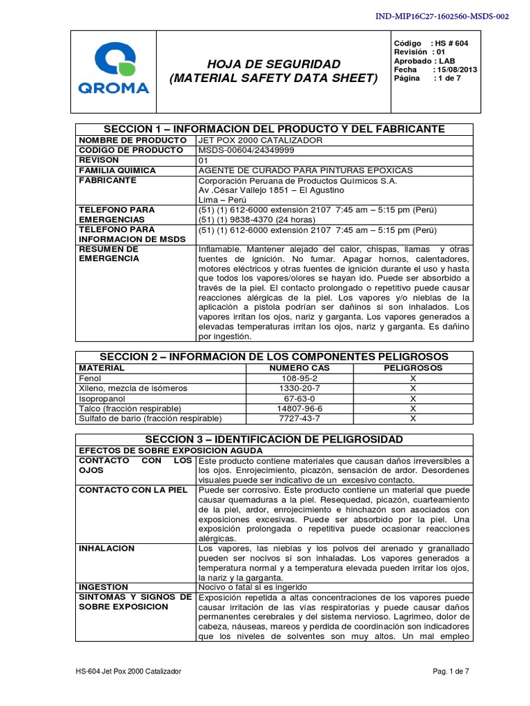 Hoja de Seguridad (Material Safety Data Sheet) : Seccion 1 - Informacion Del Producto Y Del ...