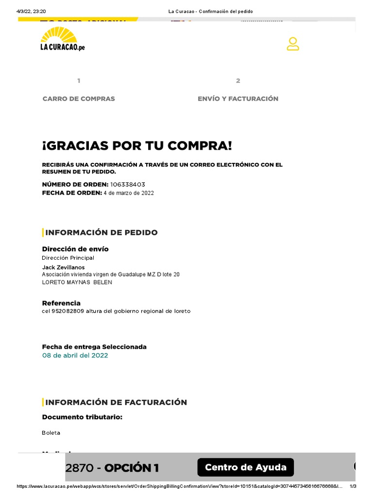 La Curacao - Confirmación Del Pedido | PDF