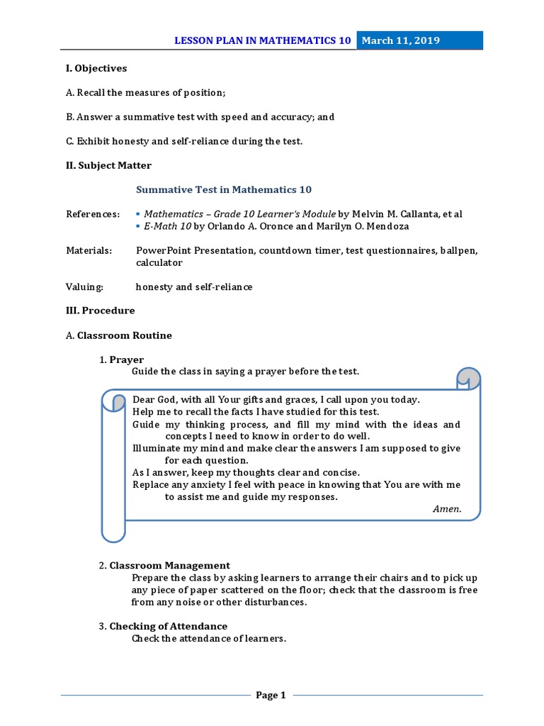 Lesson Plan On Summative Test Measures o | PDF